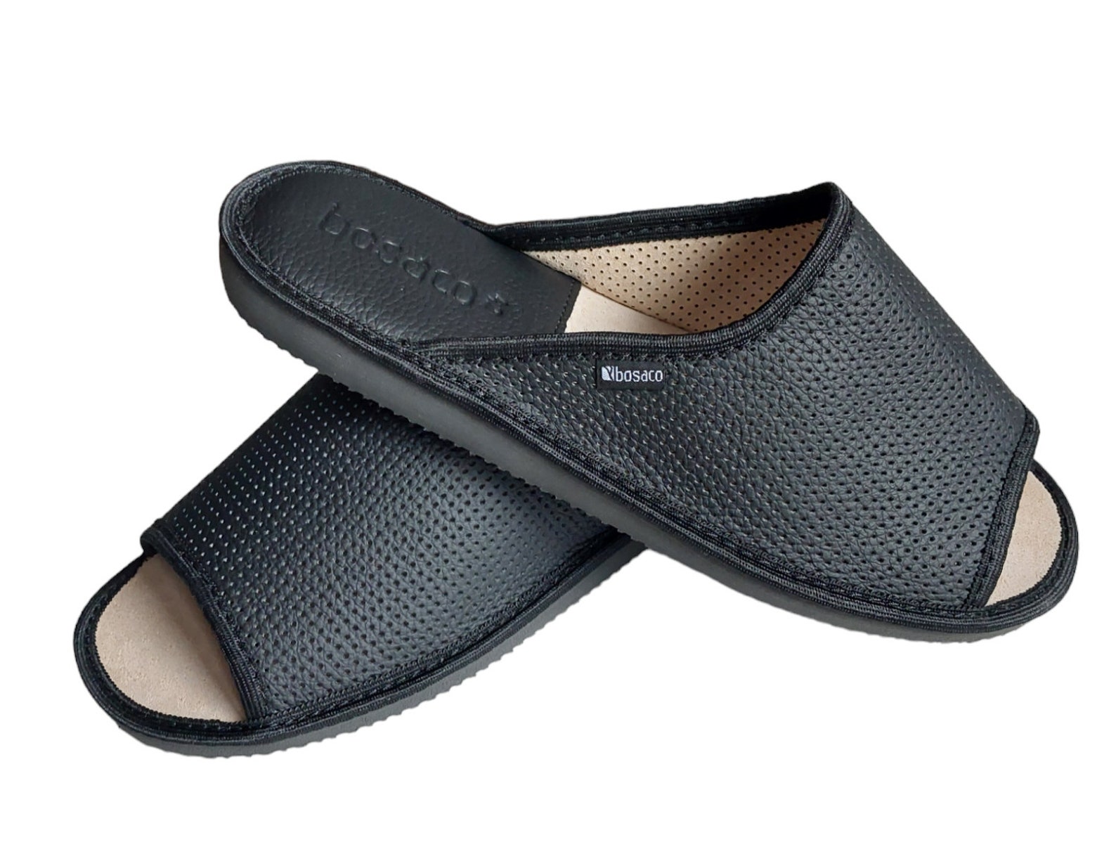 Cozy Leather Slip-on House Slippers for Men in Black Leather and Open ...