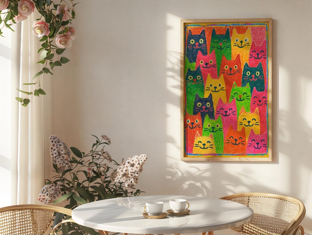 Colorful Cartoon Cat Wall Art – Vibrant Crayon Cat Printable – Cute Cat ...