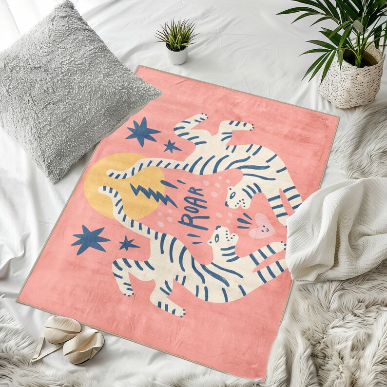 Pink Tiger Area Rug, Cute and Cuddly Cat Design Rug, Bold Area Rug ...