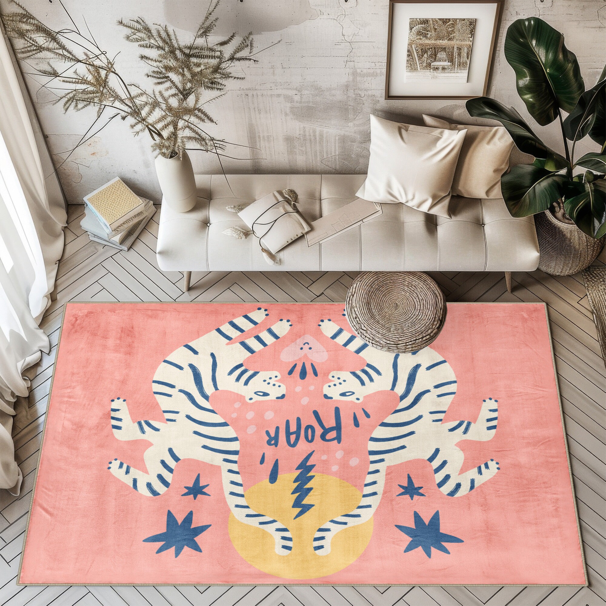 Pink Tiger Area Rug, Cute and Cuddly Cat Design Rug, Bold Area Rug ...