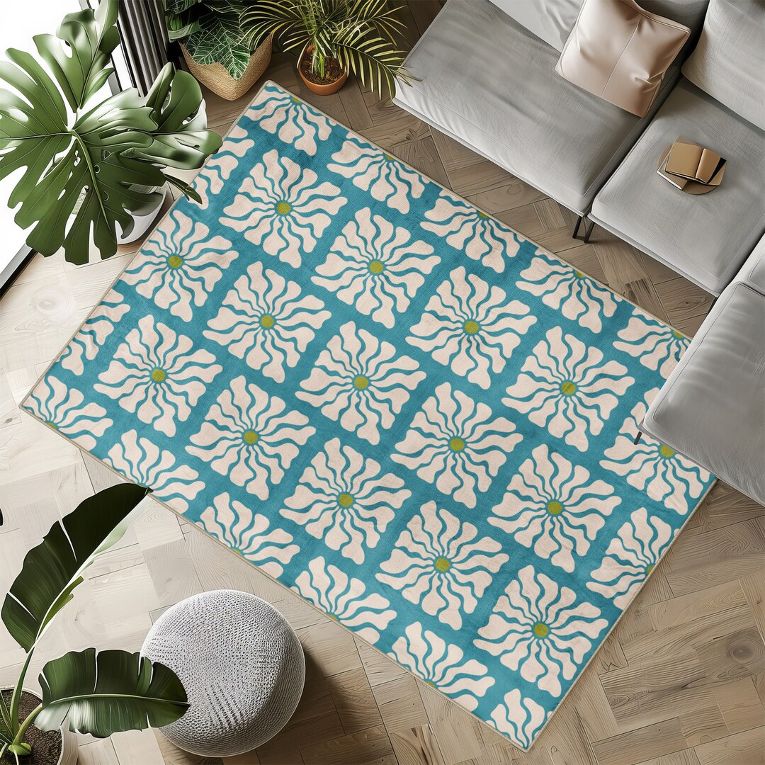 Blue Flower Groovy Rug, Funky Bohemian Carpet, Housewarming Gift, Boho ...