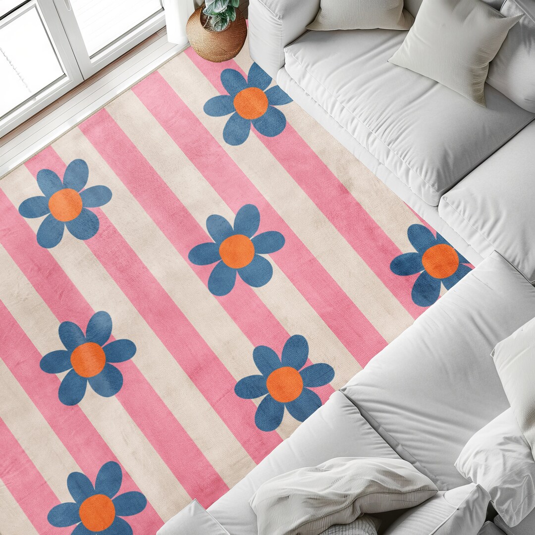 70S Style Pink Flower Rug, 70S Style Area Carpet, Multicolor Floor ...