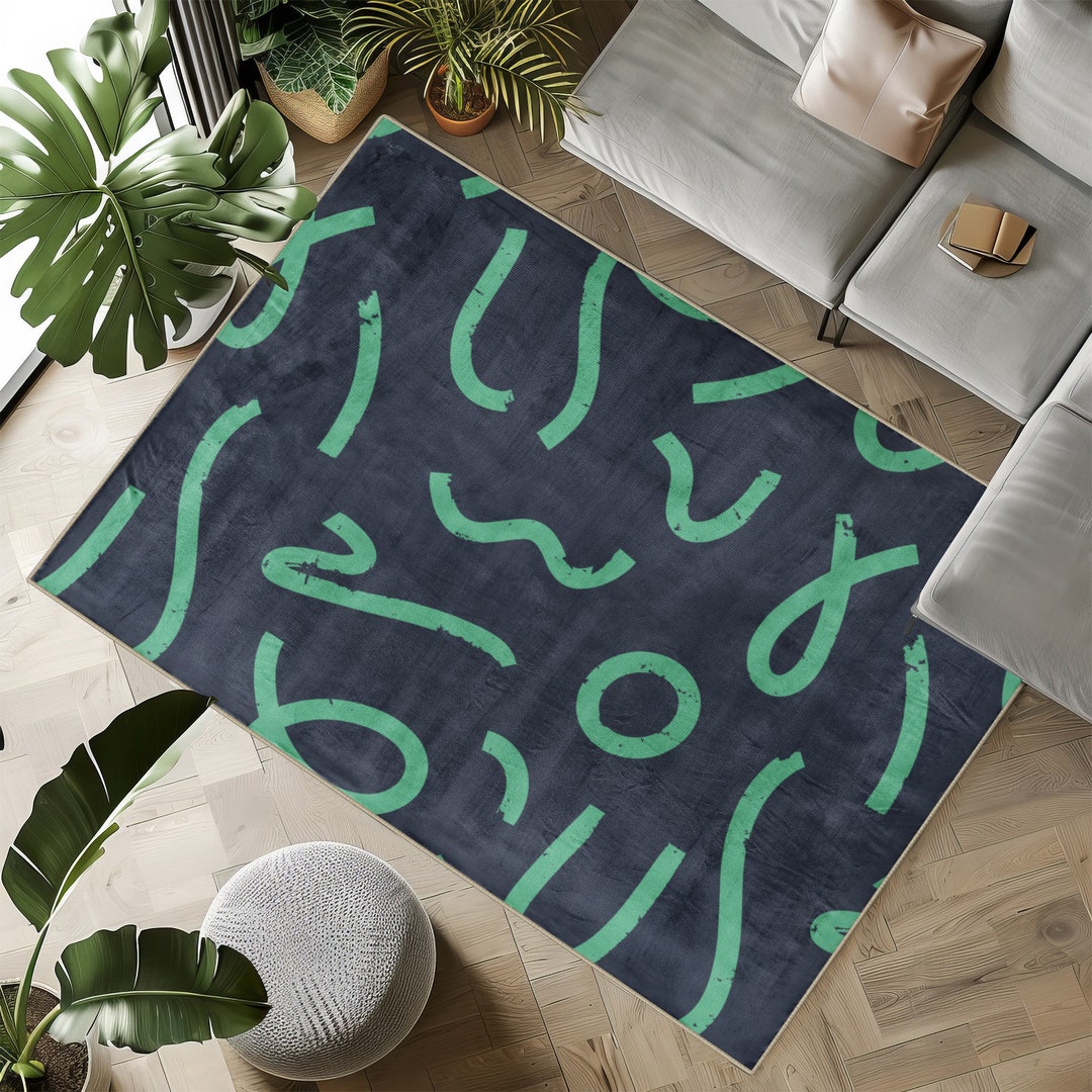 Abstract Black Green Pattern Area Rug, Non Slip Carpet, Retro Style ...