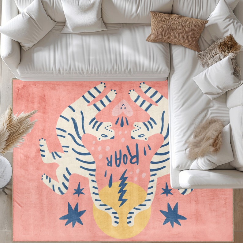 Pink Tiger Area Rug, Cute and Cuddly Cat Design Rug, Bold Area Rug ...