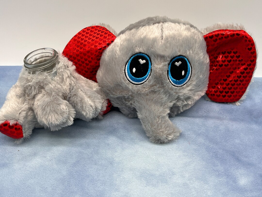 Elephant Stash Jar Plush, Upcycled Stuffed Animal, Gray W/large Red ...