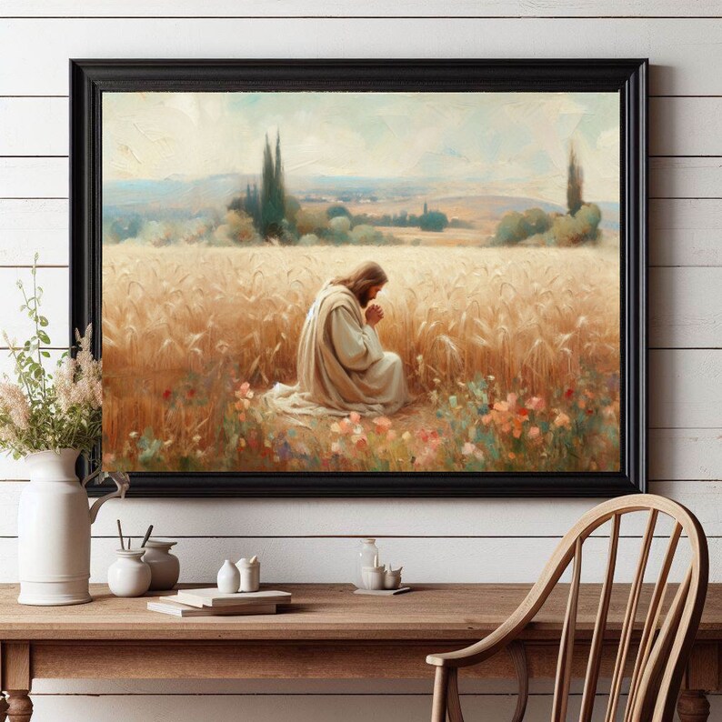 Faith Bases Art, Jesus Praying, Wheat Field, Open Landscape, Painting ...