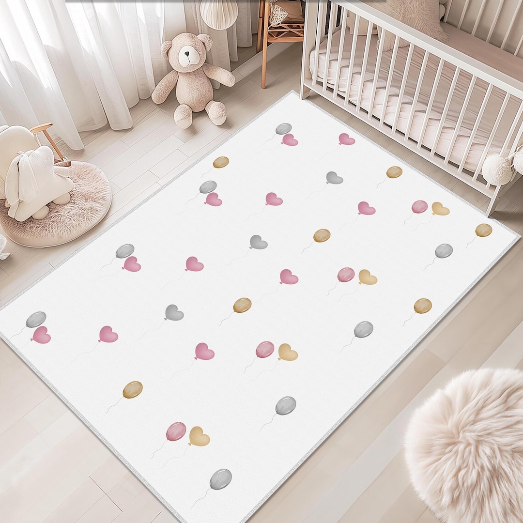 Pink Heart Kids Rug, Kids Room Carpets, Cute Balloon Patterned Kids Rug ...