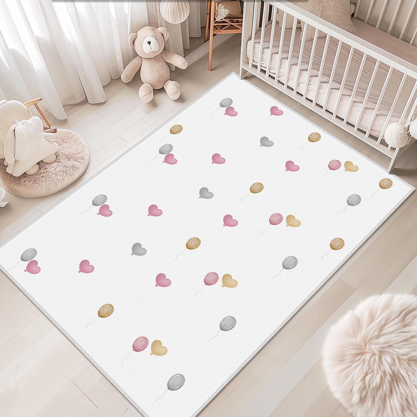 Pink Heart Kids Rug, Kids Room Carpets, Cute Balloon Patterned Kids Rug ...