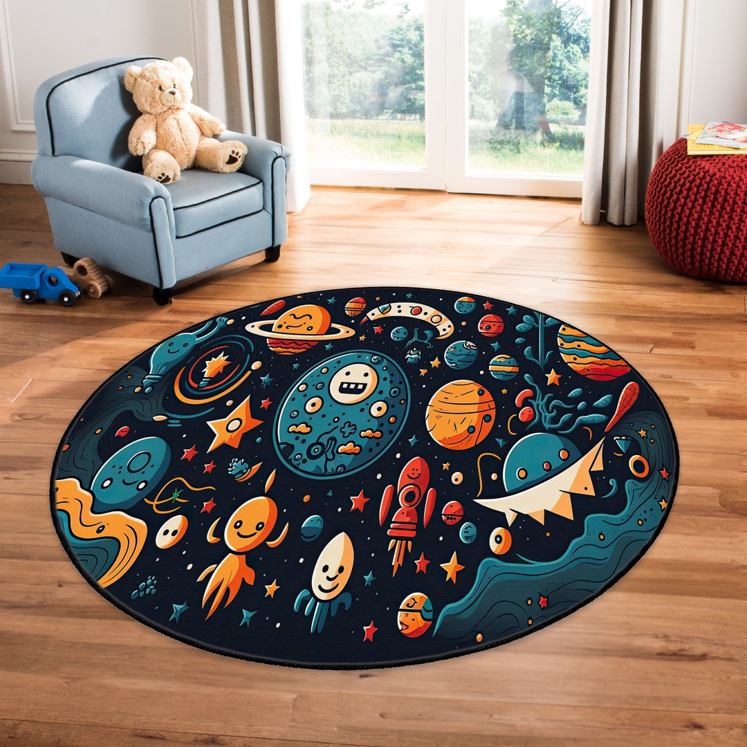 Space Themed Star Round Kids Rug, Kids Room Rug, Educational Play Mat ...