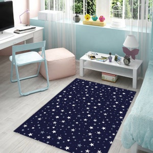 Space Themed Star Kids Rug, Kids Room Rug, Educational Play Mat, Galaxy ...