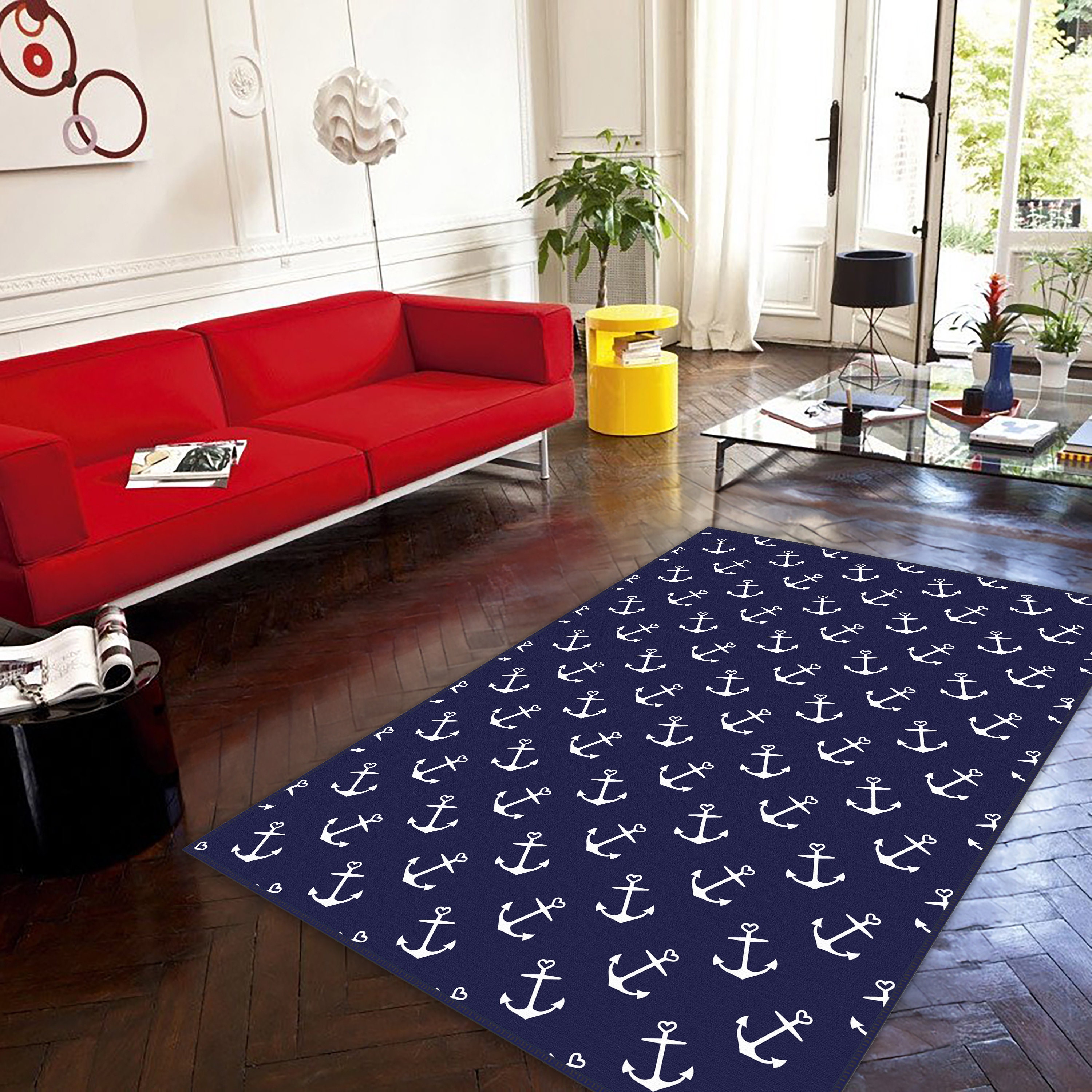 Navy Blue Anchor Patterned Rug, Custom Gift Marina Rug, Sailor Rug ...