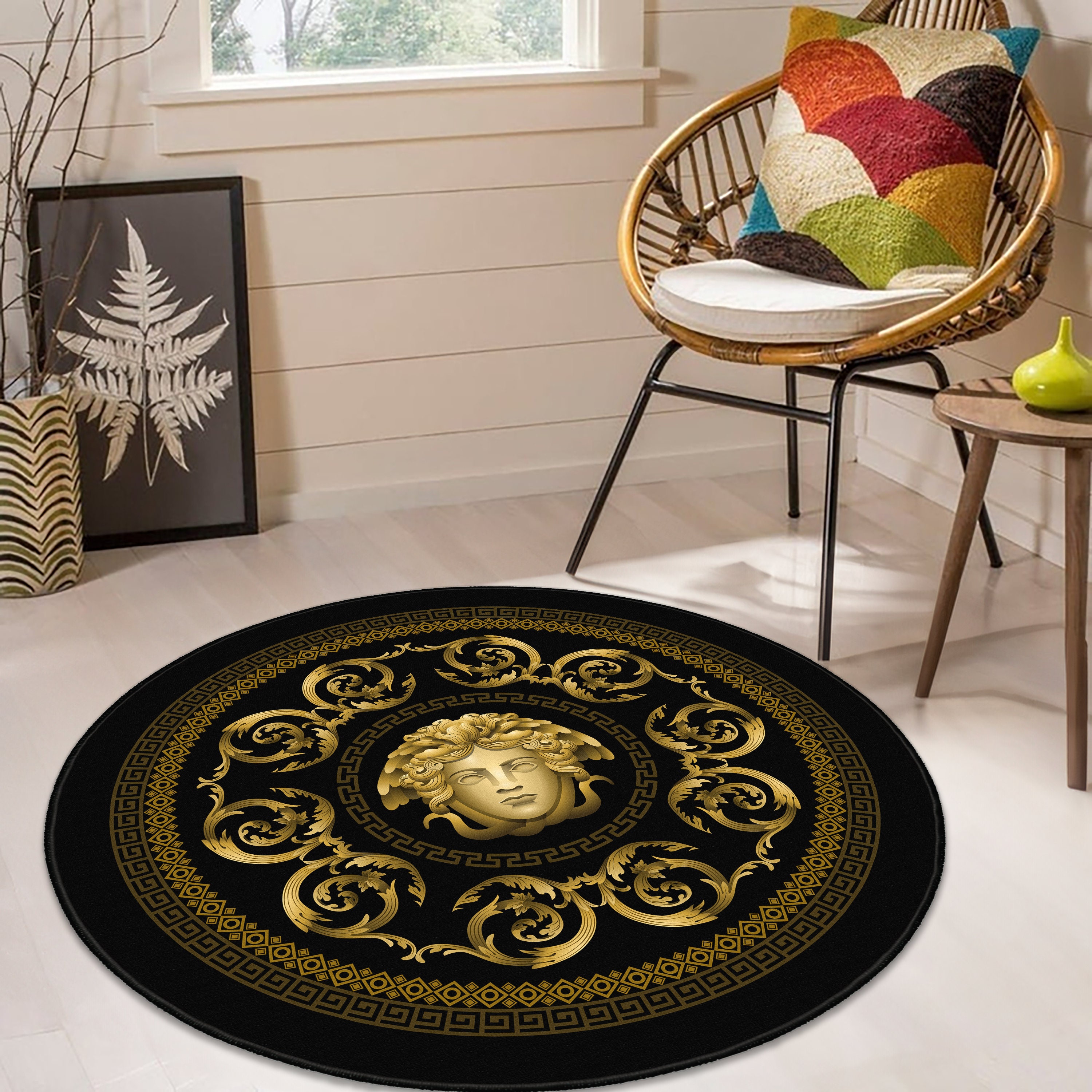 Medusa Black Carpet, Gold Rug, Mythical Motif Rugs, Gold Bordered ...