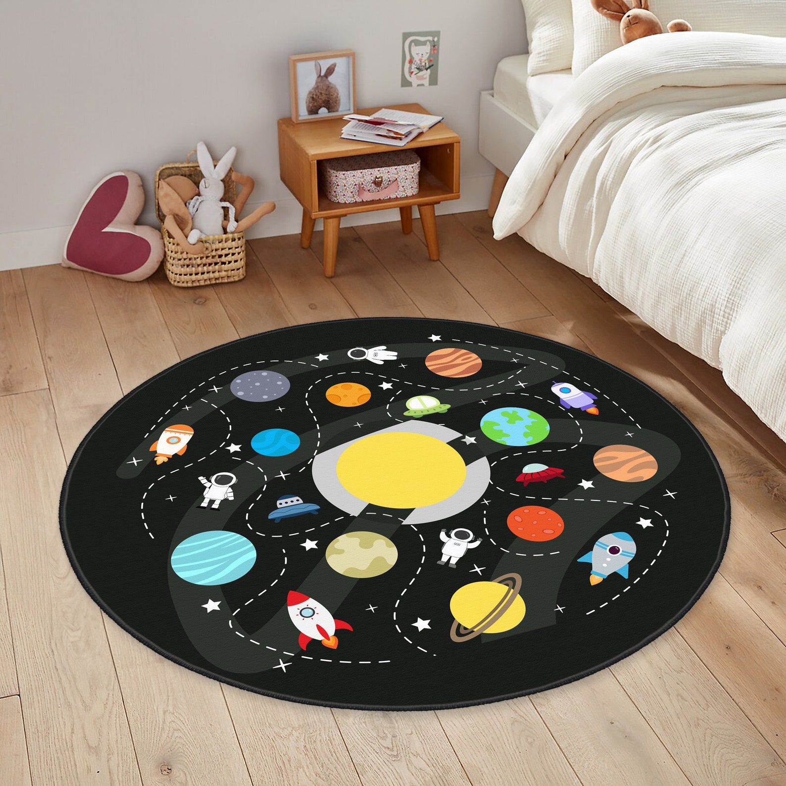Space Themed Round Kids Rug, Star Kids Room Rug, Educational Play Mat ...