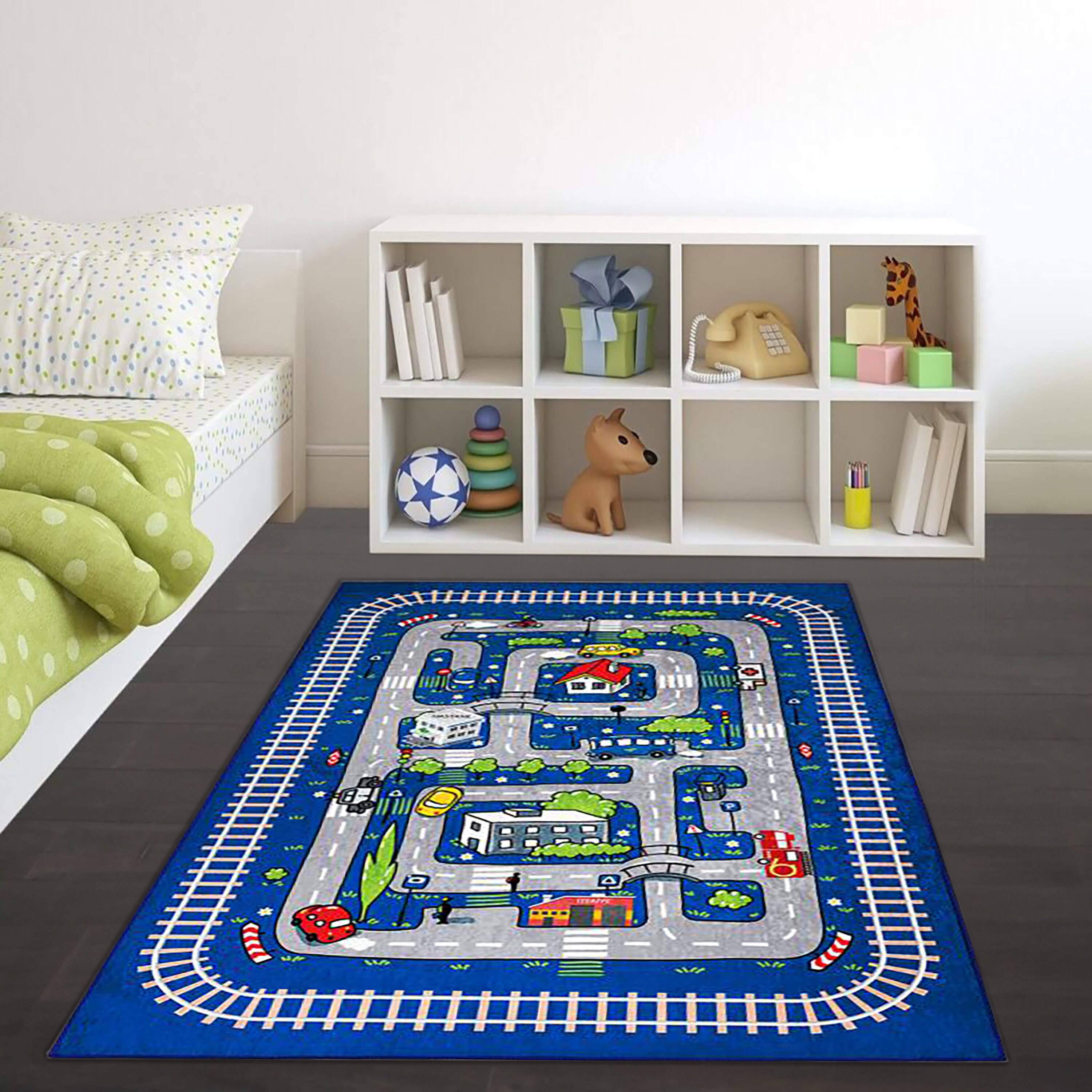 Blue Kids Rug, Train Rail Play Mat, Kids Room Rug With Trolley, Kids ...
