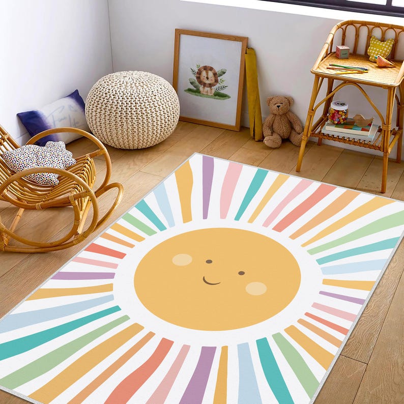 Smiling Sun Patterned Kids Rug, Happy Sun Rug, Fun Kids Rug With ...