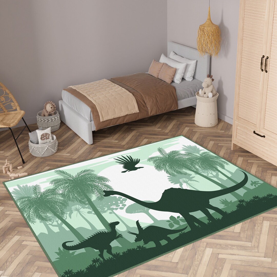 Green Dino Kids Rug,dinosaurs Themed Kid's Room Rug,forest Road Nursery ...