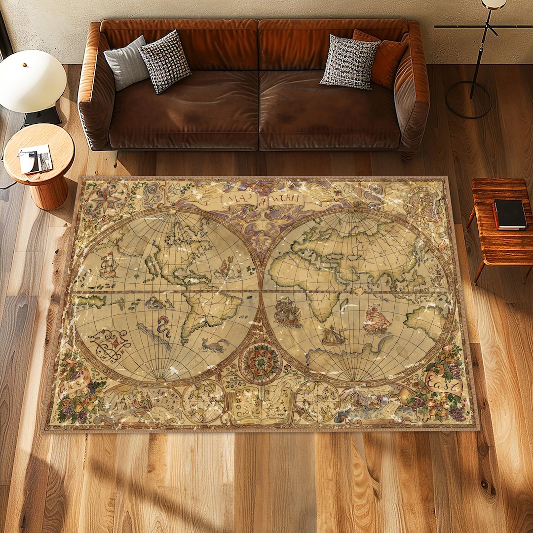 Vintage Themed World Map Rug, Old World Map Rug, World Map Pattern Rug ...