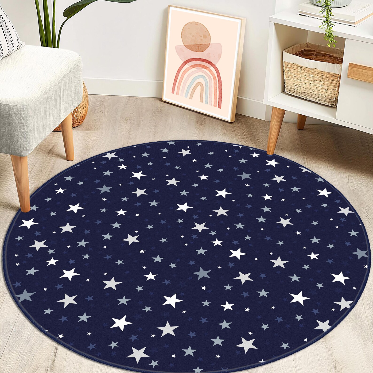 Space Themed Star Round Kids Rug, Kids Room Rug, Educational Play Mat ...