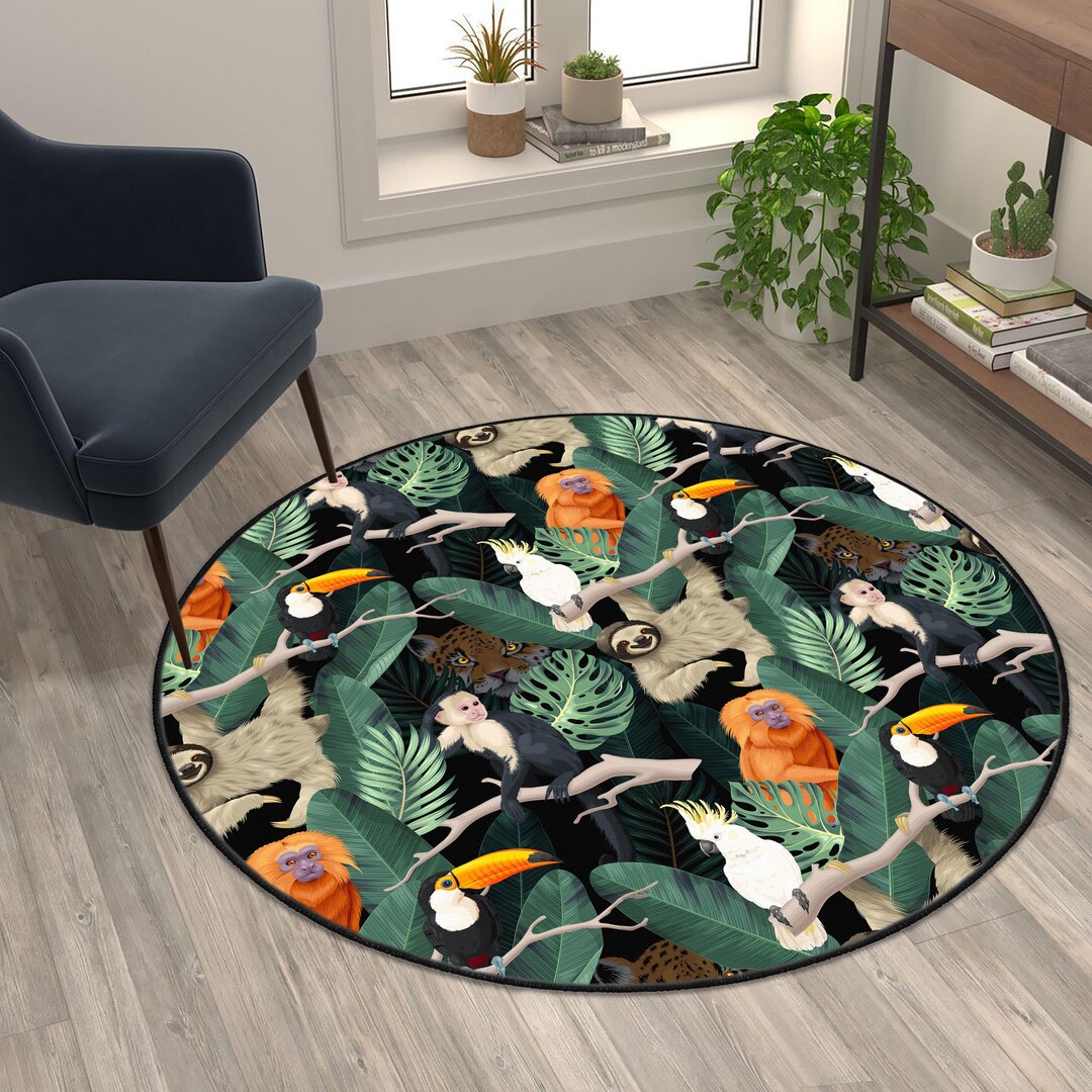 Tropical Jungle Animal Rug, Monkeys Toucans Sloths Exotic Birds Round ...