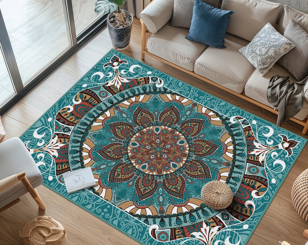 Colorful Bohemian Mandala Rug, Floral Pattern Desing Carpet, Teal ...