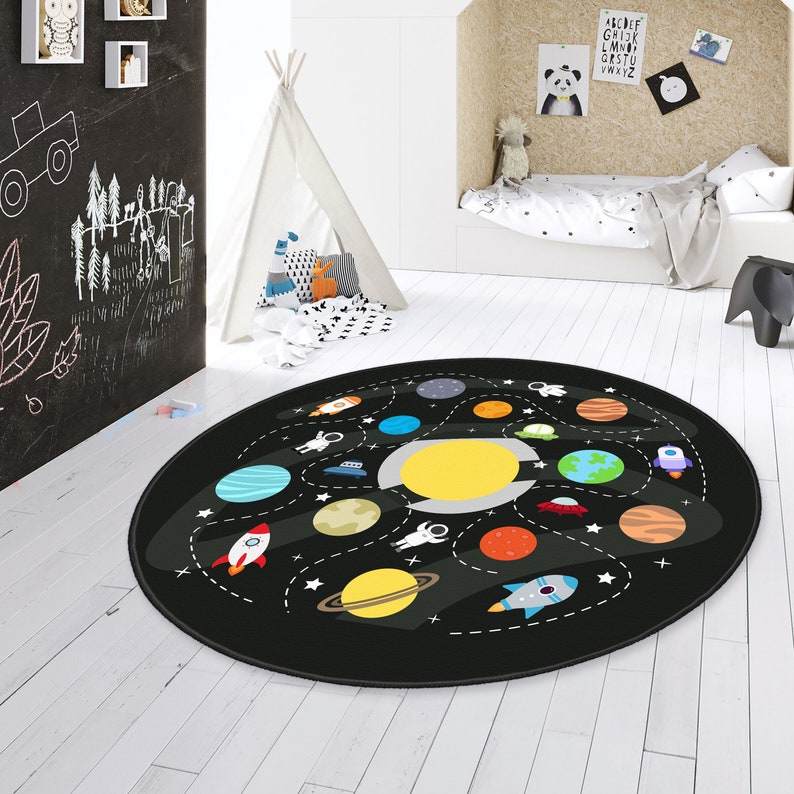 Space Themed Round Kids Rug, Star Kids Room Rug, Educational Play Mat ...