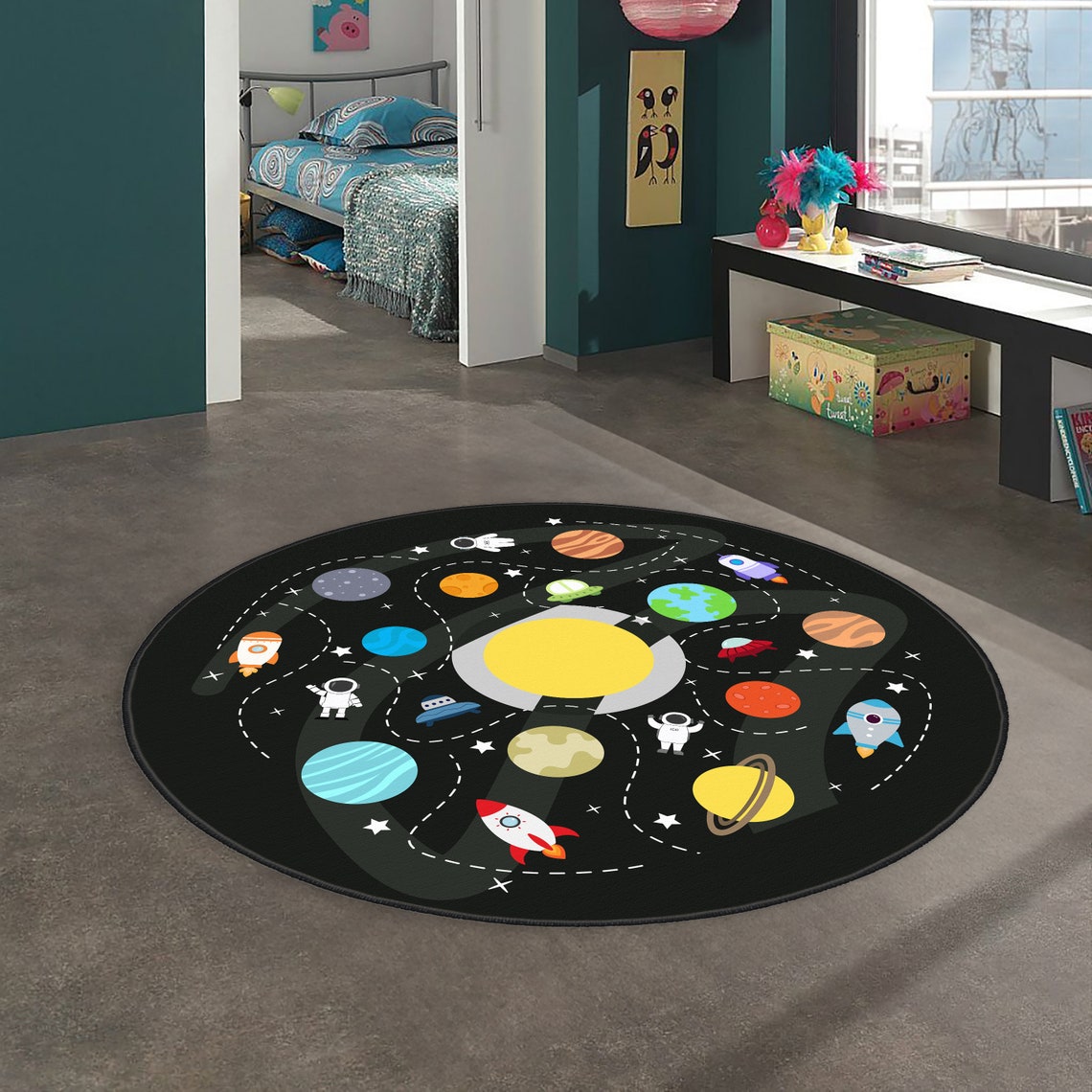 Space Themed Round Kids Rug, Star Kids Room Rug, Educational Play Mat ...