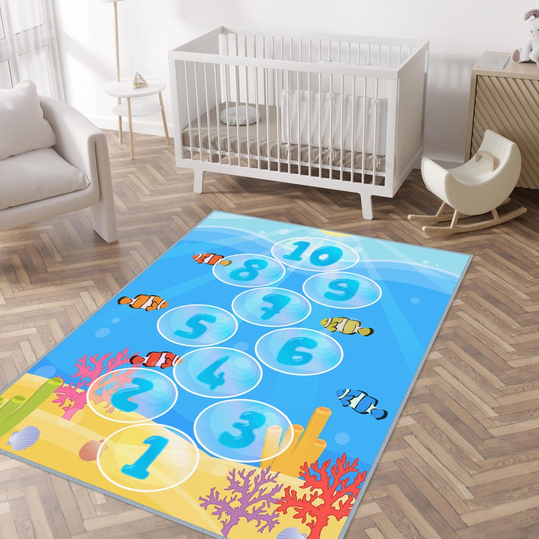 Hopscotch Kids Carpet, Sea Kids Rug, Crawling Mat, Hopscotch Rug, Blue ...