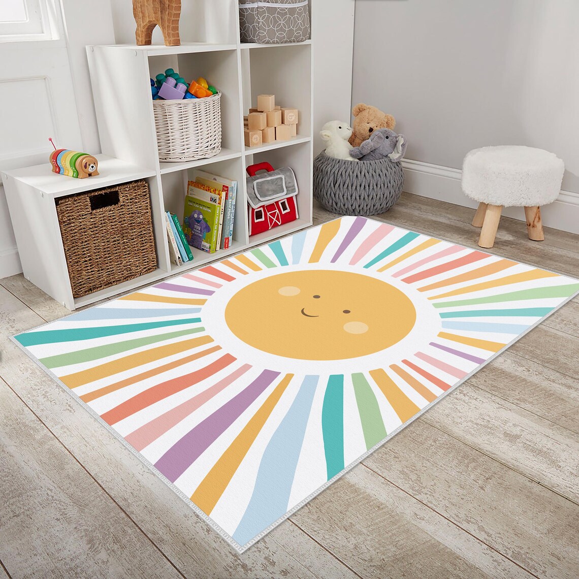Smiling Sun Patterned Kids Rug, Happy Sun Rug, Fun Kids Rug With ...