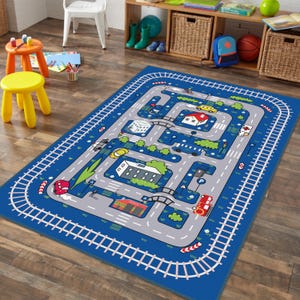 Blue Kids Rug, Train Rail Play Mat, Kids Room Rug With Trolley, Kids ...