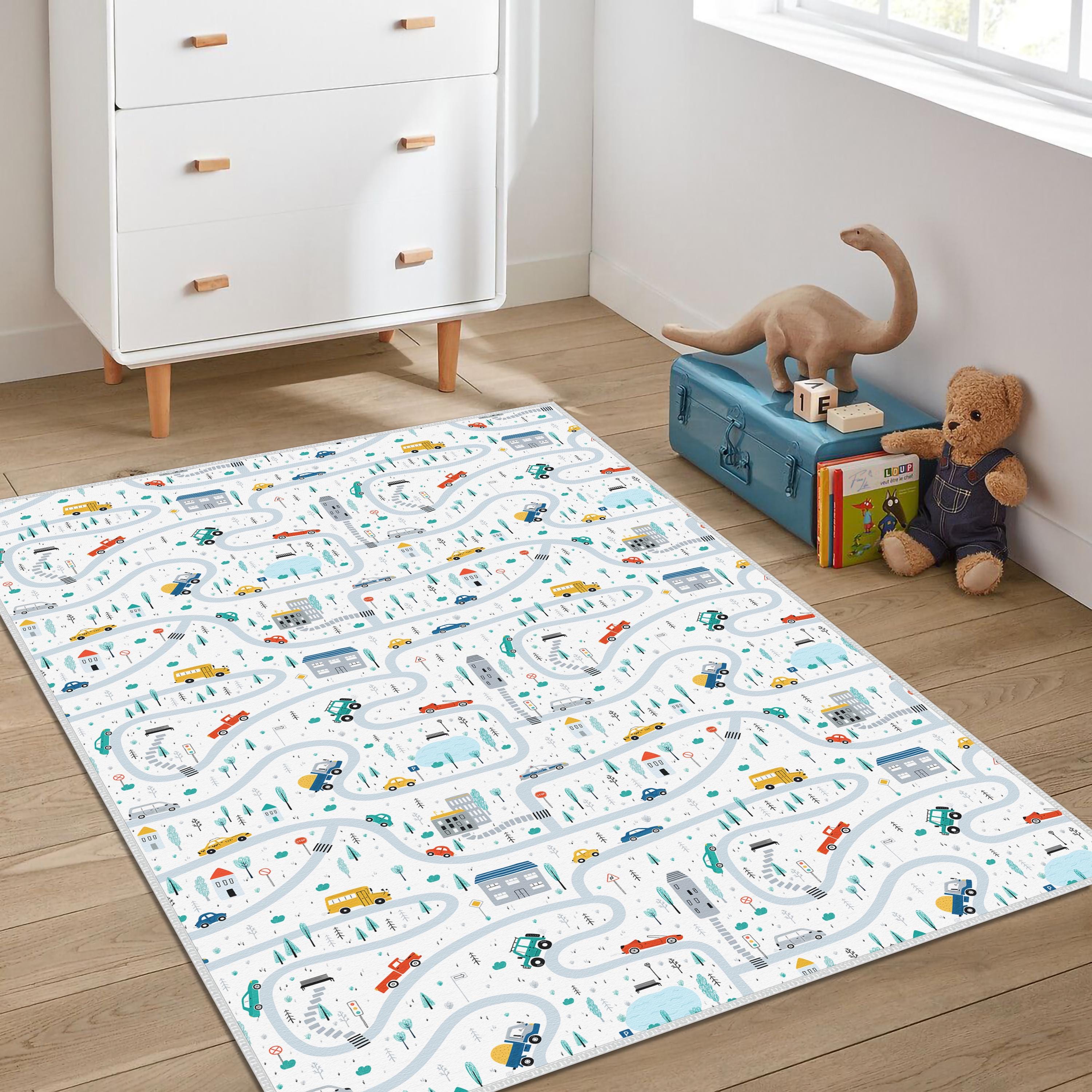 Kids Road Map Play Mat, Colorful Vehicle Themed Carpet, Non-slip Kids ...