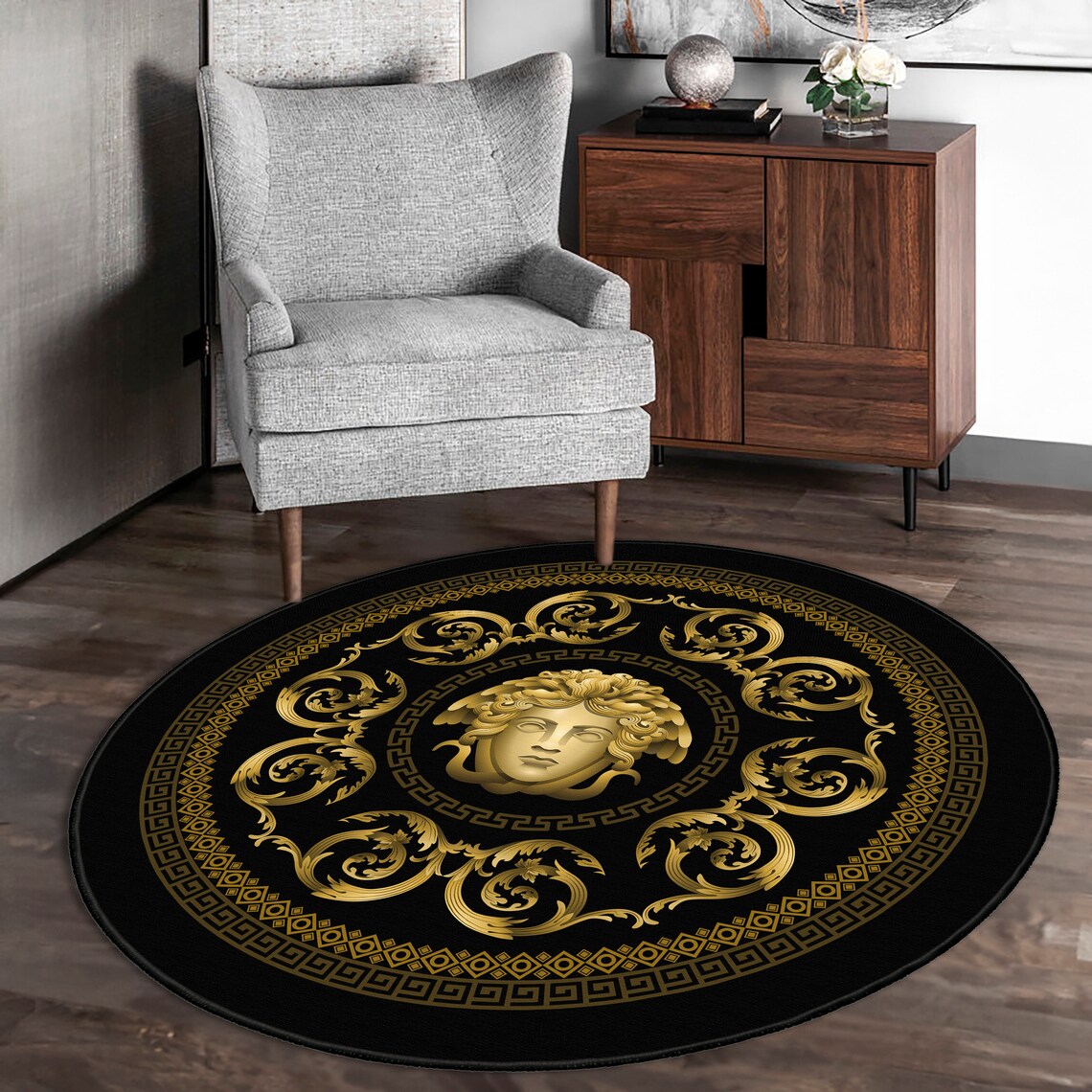 Medusa Black Carpet, Gold Rug, Mythical Motif Rugs, Gold Bordered ...