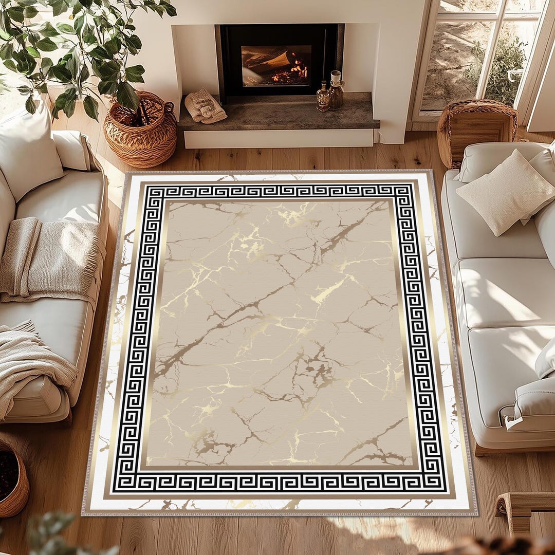 Greek Carpet, Gold Carpet, Marble Pattern Carpet, Gold Living Room Rug ...