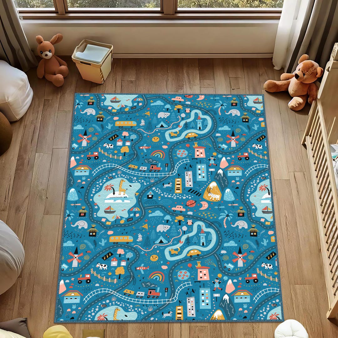 Road Patterned Playroom Mat, Blue Baby Carpet, Traffic Play Rugs, Non ...