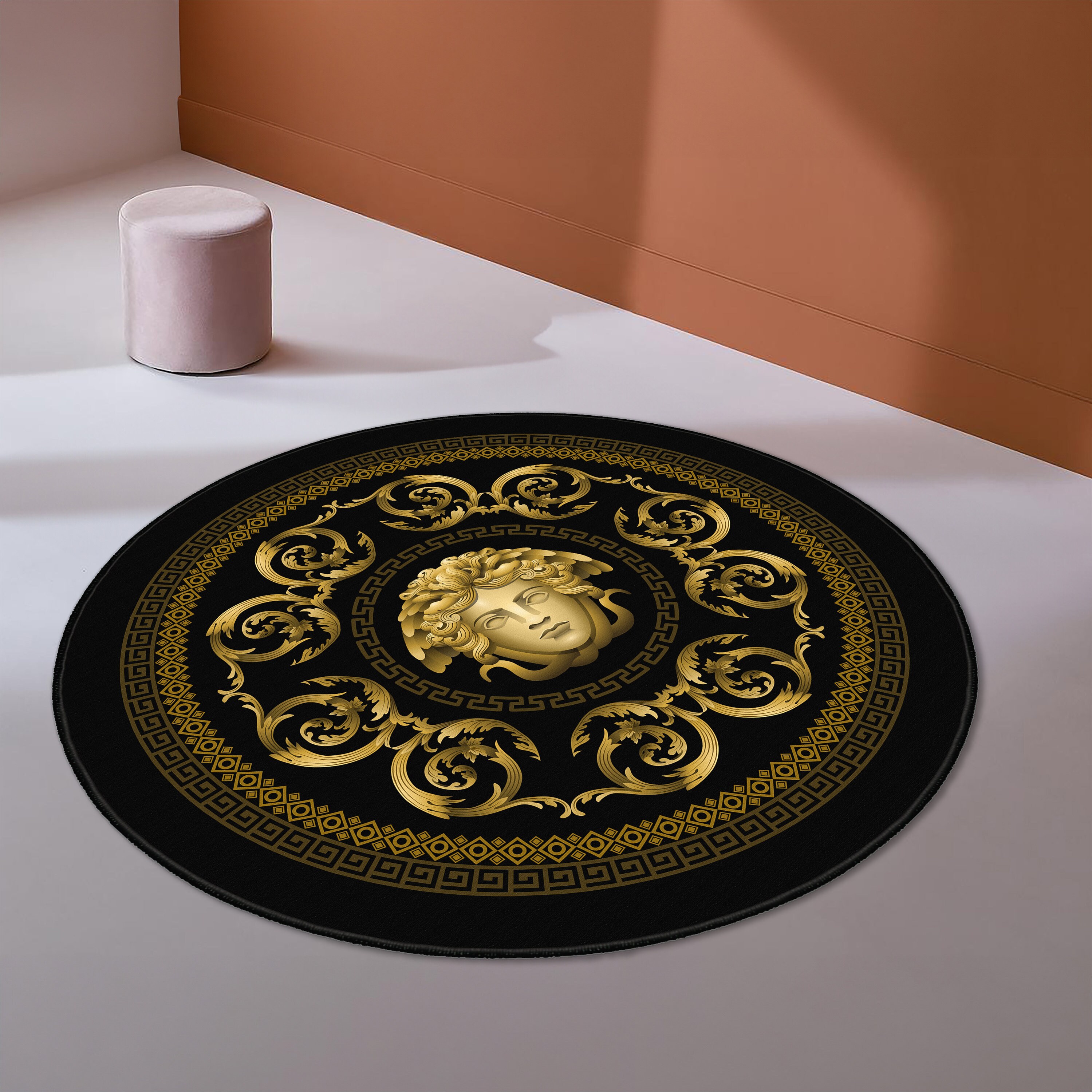 Medusa Black Carpet, Gold Rug, Mythical Motif Rugs, Gold Bordered ...