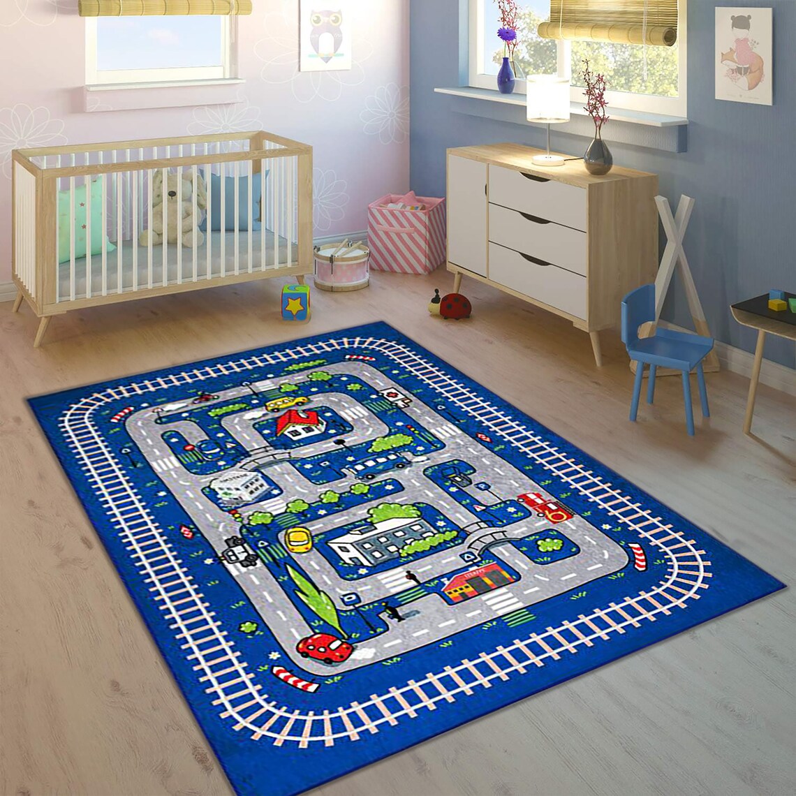 Blue Kids Rug, Train Rail Play Mat, Kids Room Rug With Trolley, Kids ...