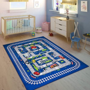 Blue Kids Rug, Train Rail Play Mat, Kids Room Rug With Trolley, Kids ...