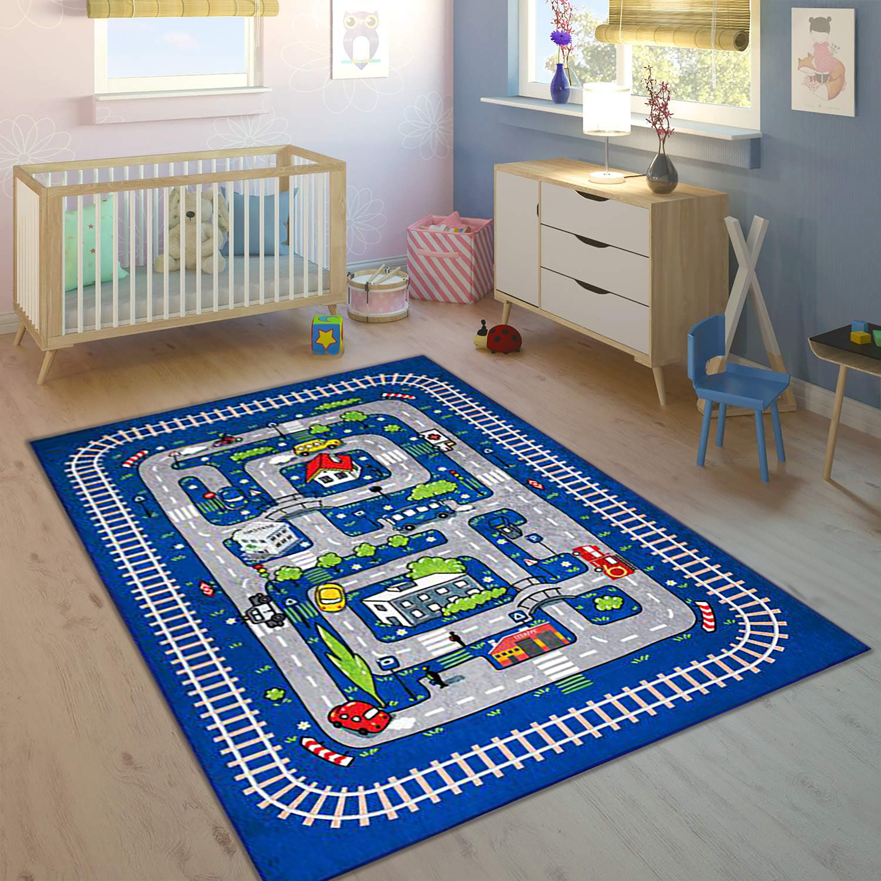 Blue Kids Rug, Train Rail Play Mat, Kids Room Rug With Trolley, Kids ...