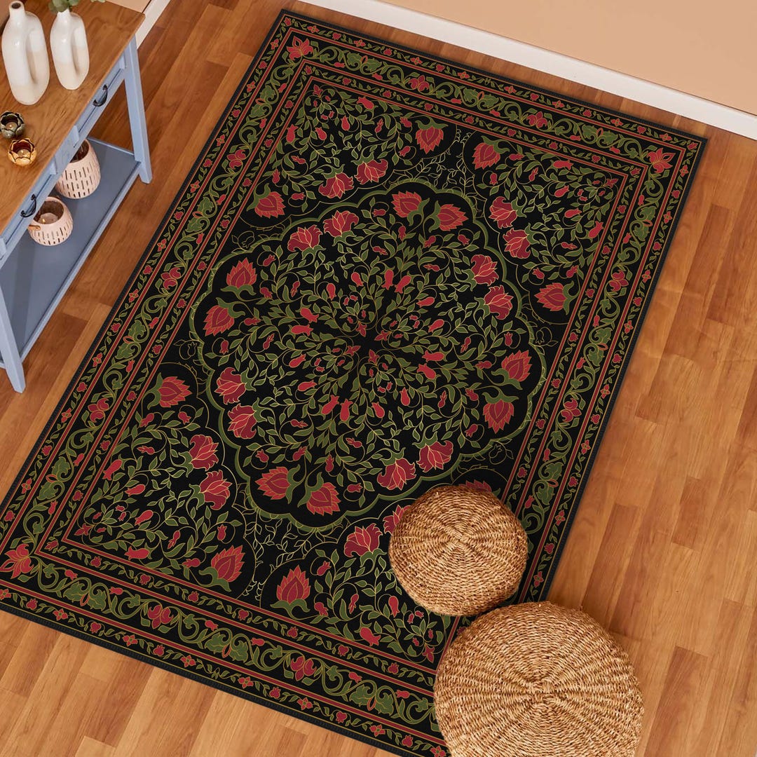 Floral Living Room Rug, Flower Pattern Carpet, Elegant Black Red Floral ...