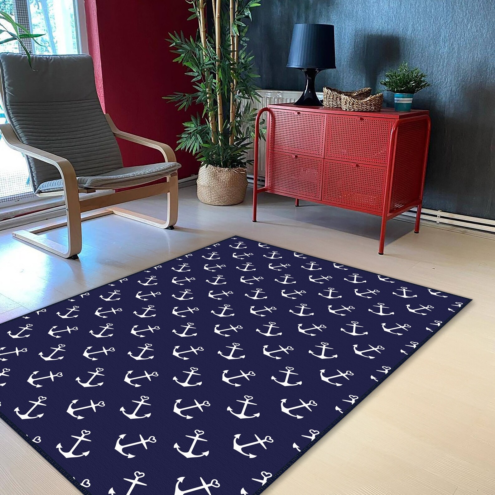 Navy Blue Anchor Patterned Rug, Custom Gift Marina Rug, Sailor Rug ...