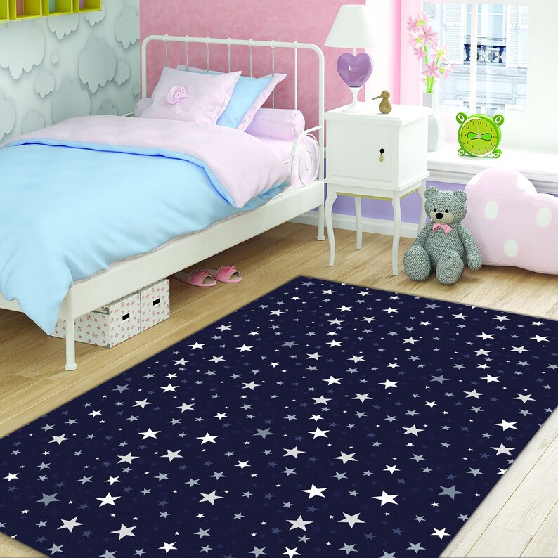 Space Themed Star Kids Rug, Kids Room Rug, Educational Play Mat, Galaxy ...