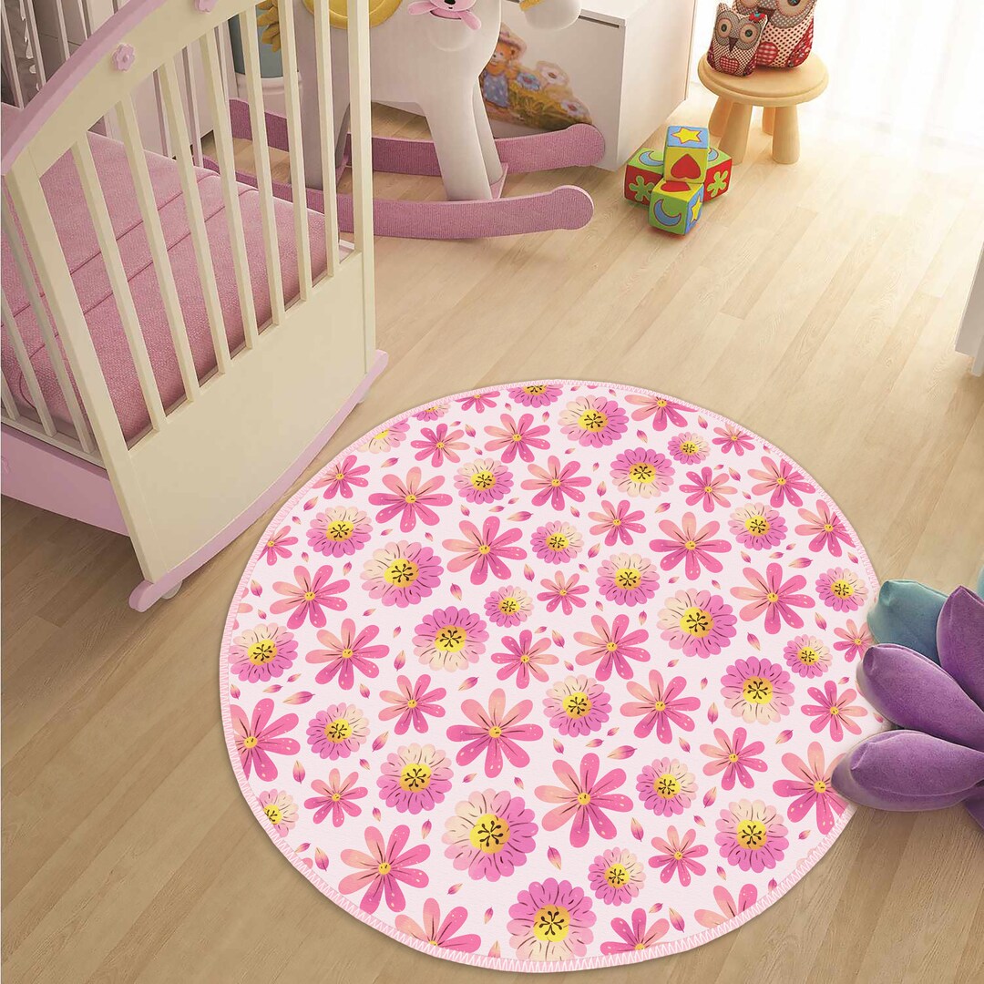 Daisy Pattern Round Rug, Pink Kids Rug, Pink Kids Rug, Flowers Living ...