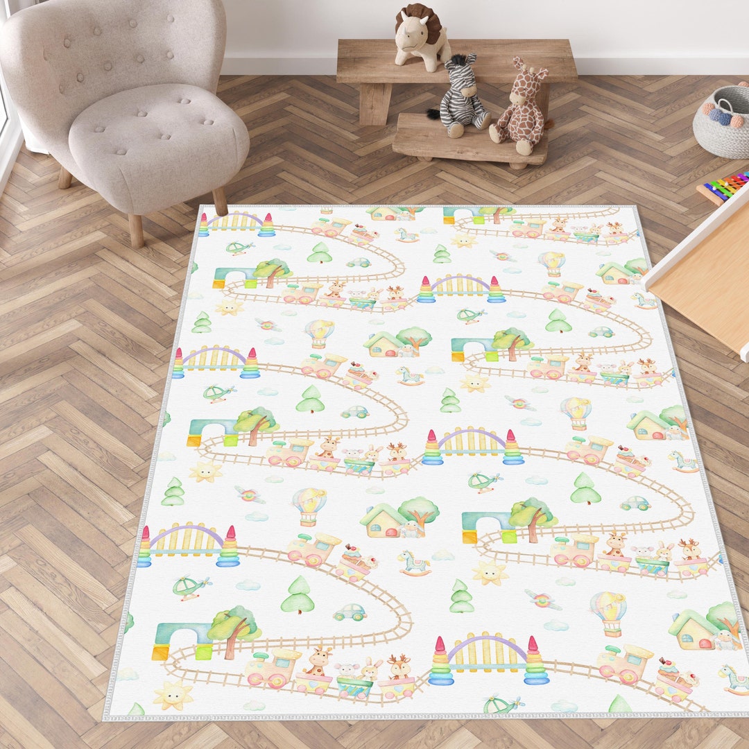 Train Safari Themed Carpet, Baby Gift, Area Rug, Balloon Car Kids Rug ...