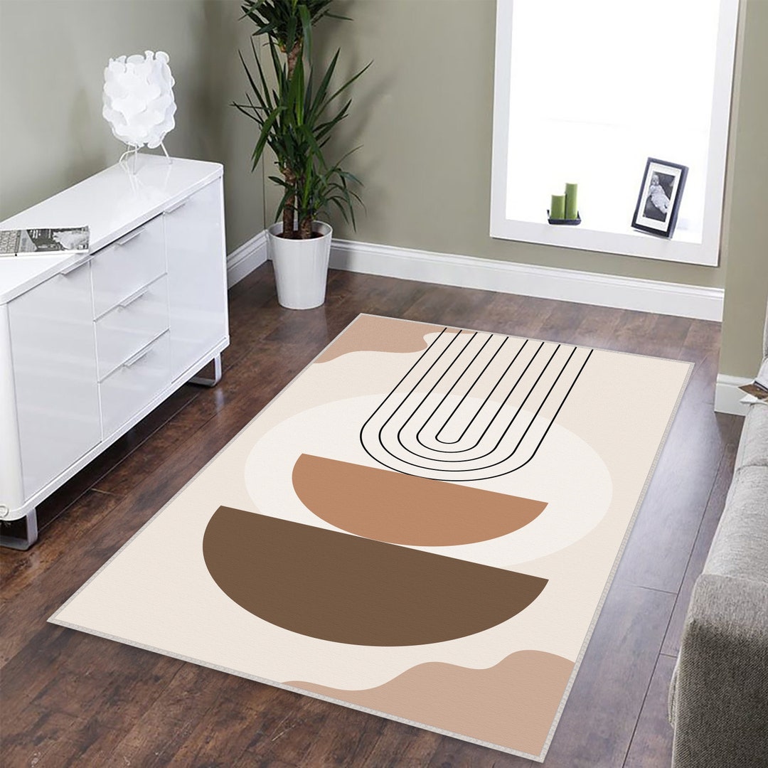 Brown Abstract Rug, Modern Art Nonslip Carpet, Fringed Rug for Living ...