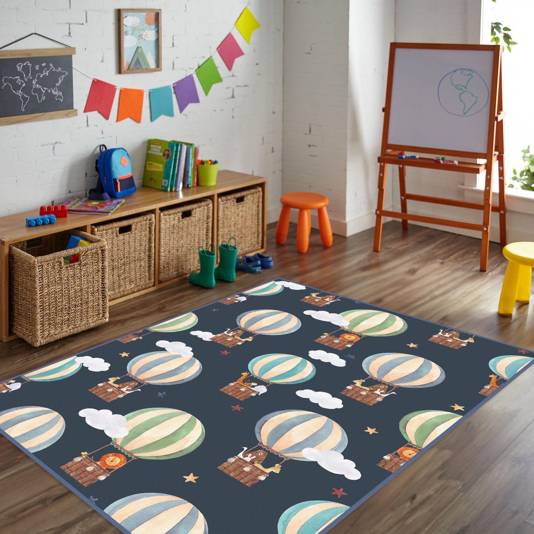 Airplane Patterned Children's Carpet, Hot Air Balloon Kids Rug, Baby ...
