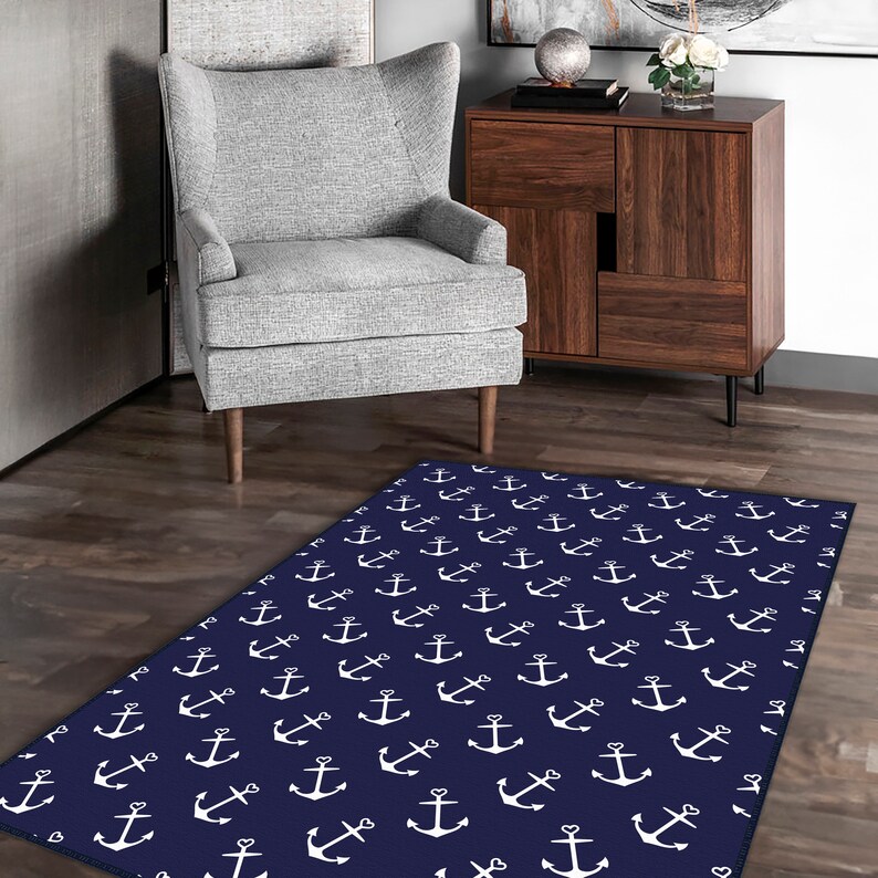 Navy Blue Anchor Patterned Rug, Custom Gift Marina Rug, Sailor Rug ...