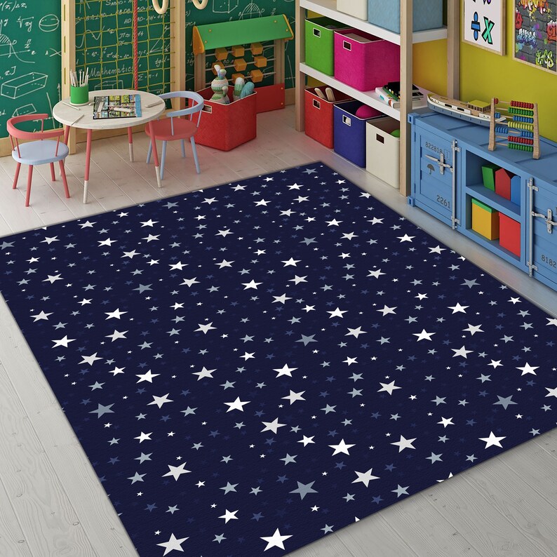 Space Themed Star Kids Rug, Kids Room Rug, Educational Play Mat, Galaxy ...