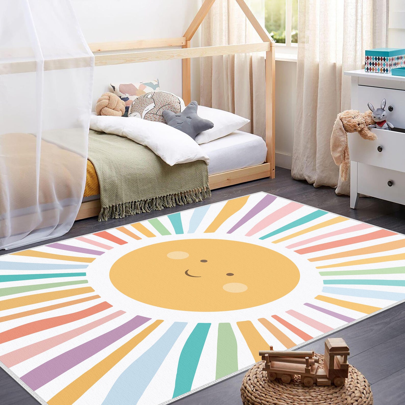 Smiling Sun Patterned Kids Rug, Happy Sun Rug, Fun Kids Rug With ...