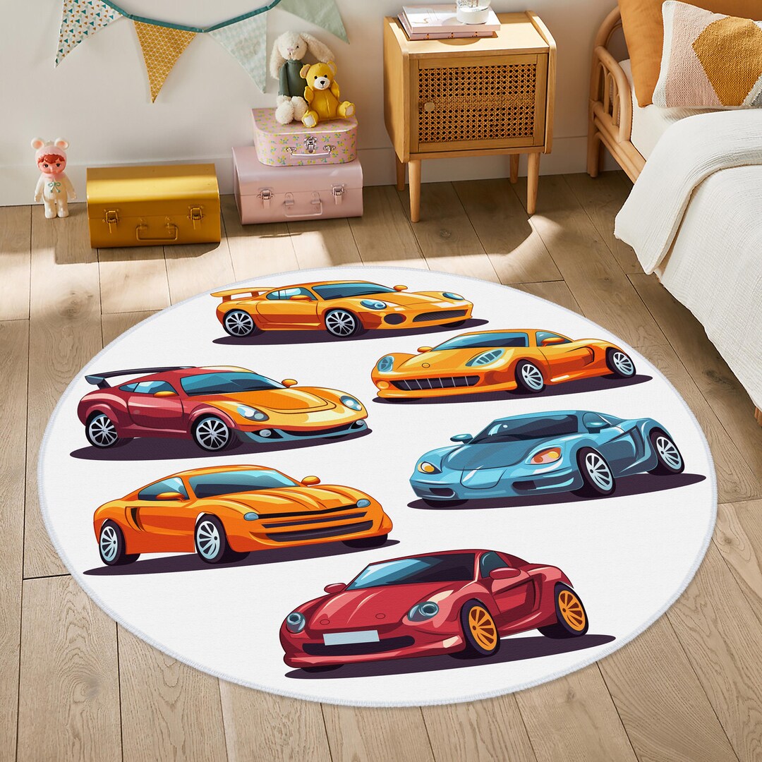 Car Round Kids Rug, Red Car Playroom Round Rug, Car Kids Room Decor ...