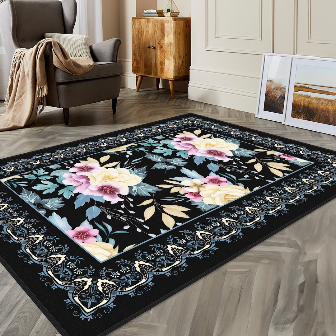 Black Rug, Floral Carpet, Rose Pattern Rug, Leafy Carpet, Living Room ...