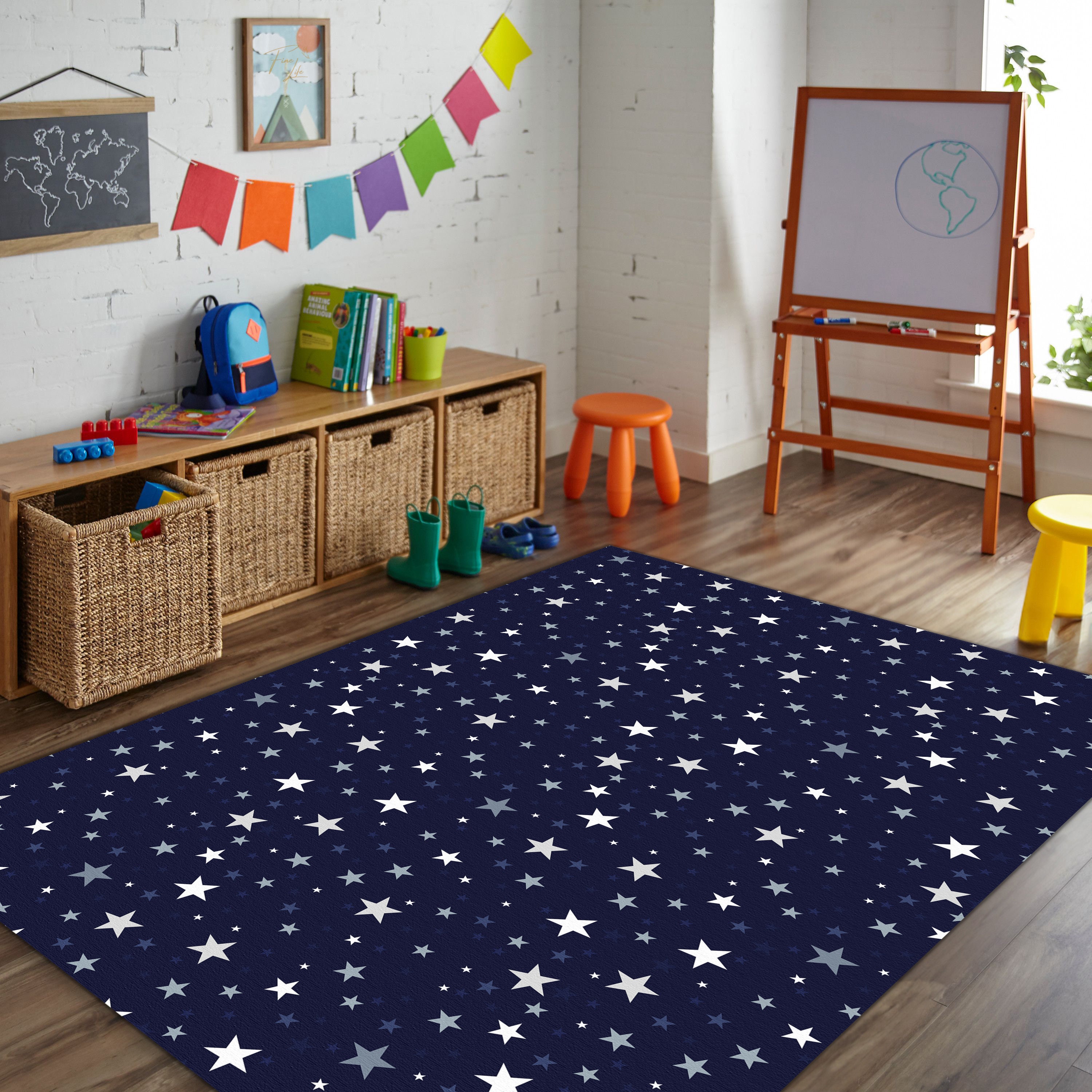 Space Themed Star Kids Rug, Kids Room Rug, Educational Play Mat, Galaxy ...